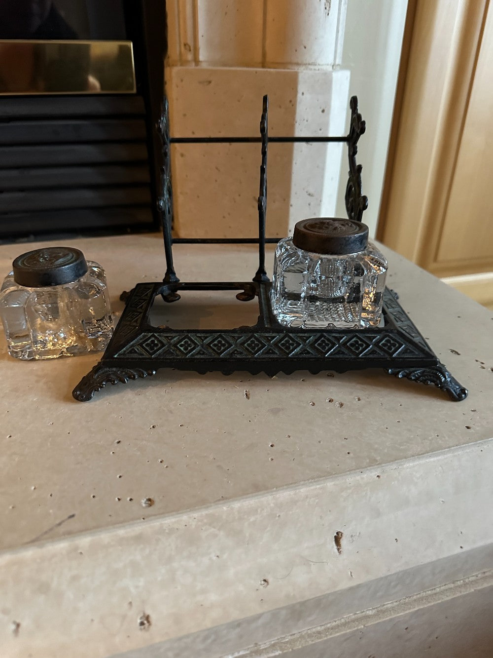 Victorian Ink Well, Cast Iron, etched crystal ink wells w/lids, pen ho ...