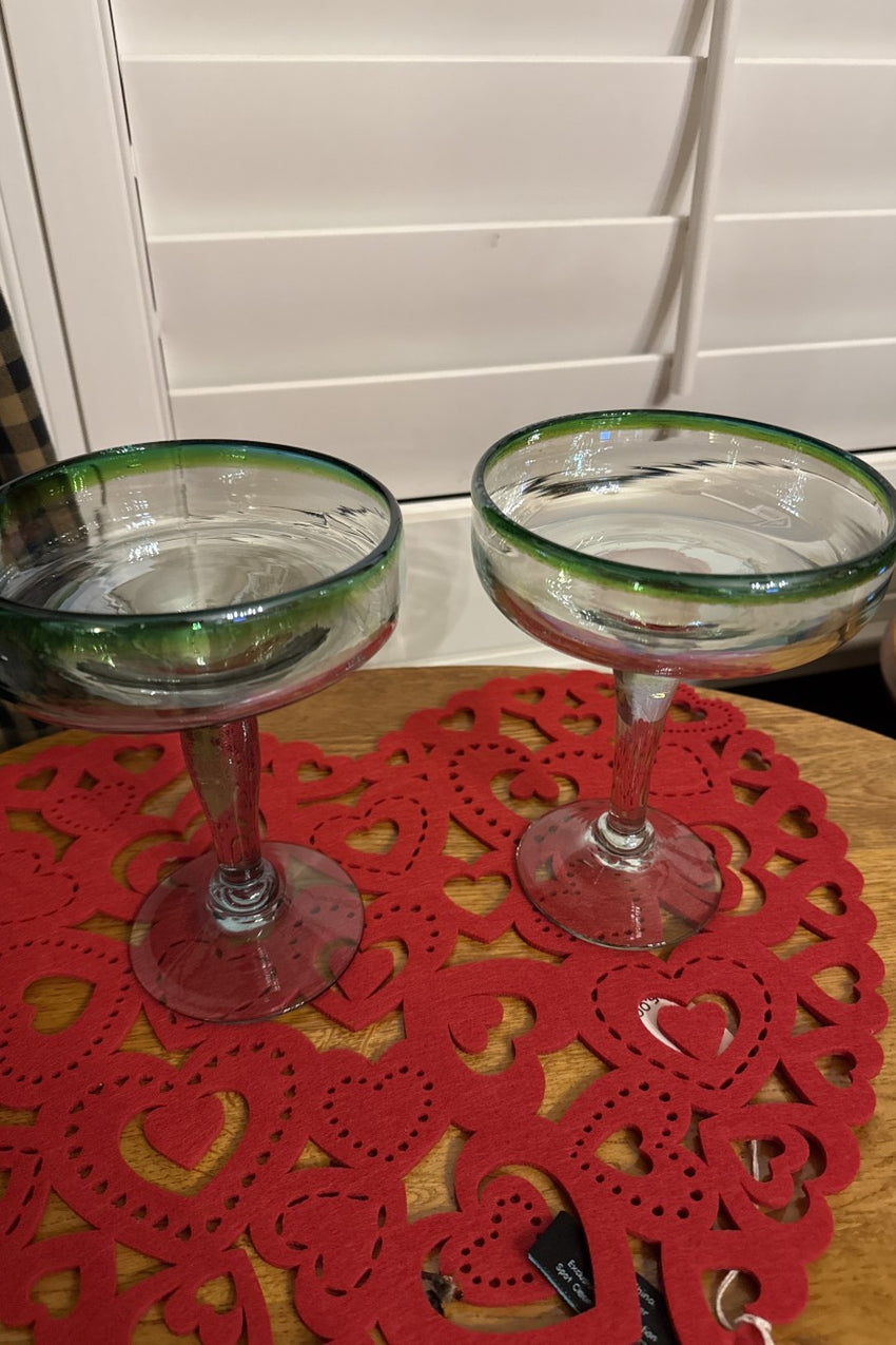 Vintage Handblown Mexican Clear Glass with green Rim Margarita glasses ...